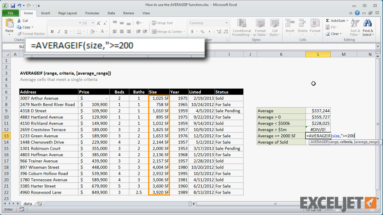 Excel Tutorial How To Use The AVERAGEIF Function